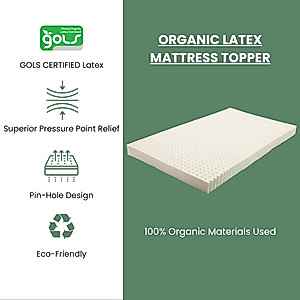 3" Inch Organic Latex Mattress Topper Pad (Medium, Queen Size) GOLS Certified, Back Pain Relief Support, Hypoallergenic, Cooling and Breathable