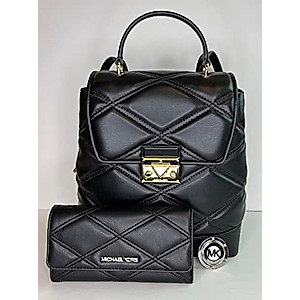 Michael Kors Serena MD Flap Backpack bundled with Trifold Wallet and Purse Hook (Black)