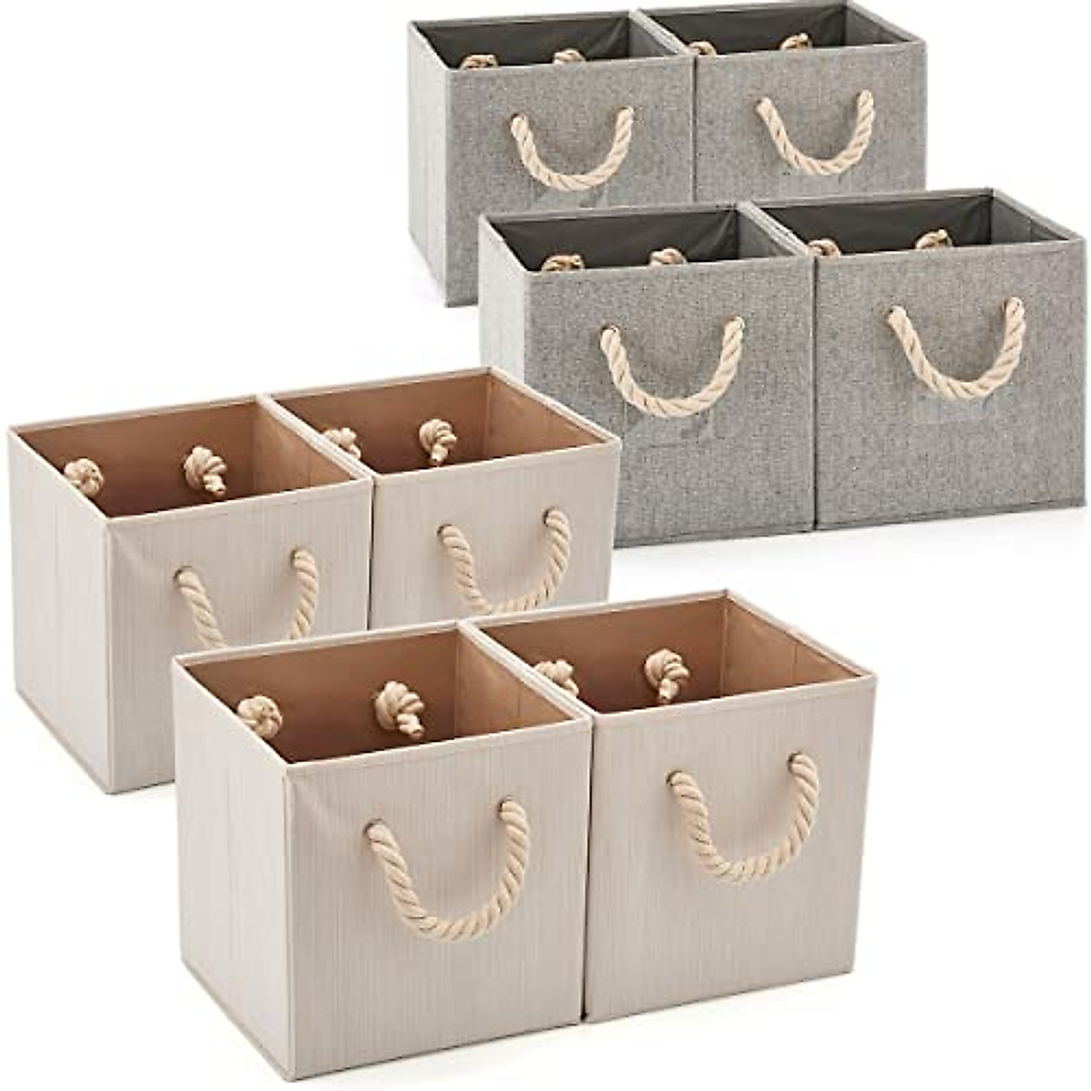 EZOWare Set of 8 Bamboo Fabric Storage Bins with Cotton Rope Handle for Nursery Toys, Gray + Beige