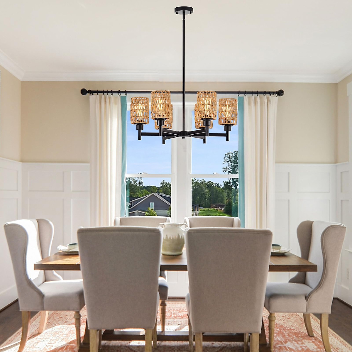 Widluth Black Chandelier Light Fixture Vintage 6-Lights Black Chandelier with Rattan Shade Industrial Boho 24.8" Hand Woven Bamboo Chandelier for Dining Room, Kitchen Island, Bedroom