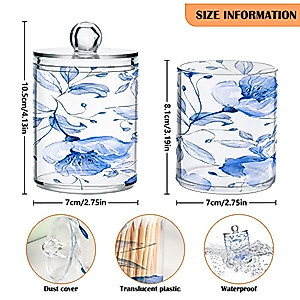 Kigai Blue Flowers Qtip Holder - 14OZ Clear Plastic Apothecary Jars Bathroom Canister Dispenser Organizer Vanity Storage Jar with Lid for Cotton Ball, Cotton Swab, Floss (2PACK)