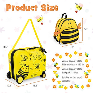 HONEY JOY 12" Bee Themed Kids Travel Backpack & 18" Hardside Suitcase with Wheels, Yellow, 2 Pcs