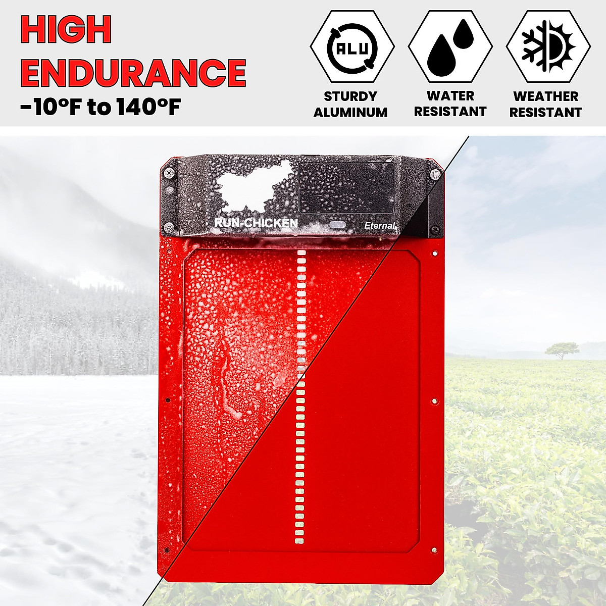 RUN-CHICKEN Door (Red) Solar Chicken Coop Door, Battery Powered Automatic Chicken Coop Door, Programmable Electric Chicken Door with Timer, Light Sensor, Solar Powered, Eternal