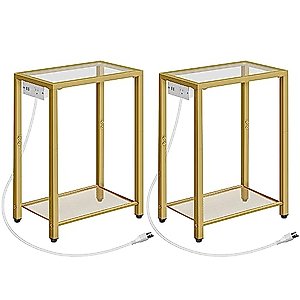 HOOBRO End Tables Set of 2, Side Table with Charging Station, 2-Tier Nightstands with Storage Shelves, Small Space Bedside Table, Telephone Table, Tempered Glass, Living Room, Gold GD56UBZP201