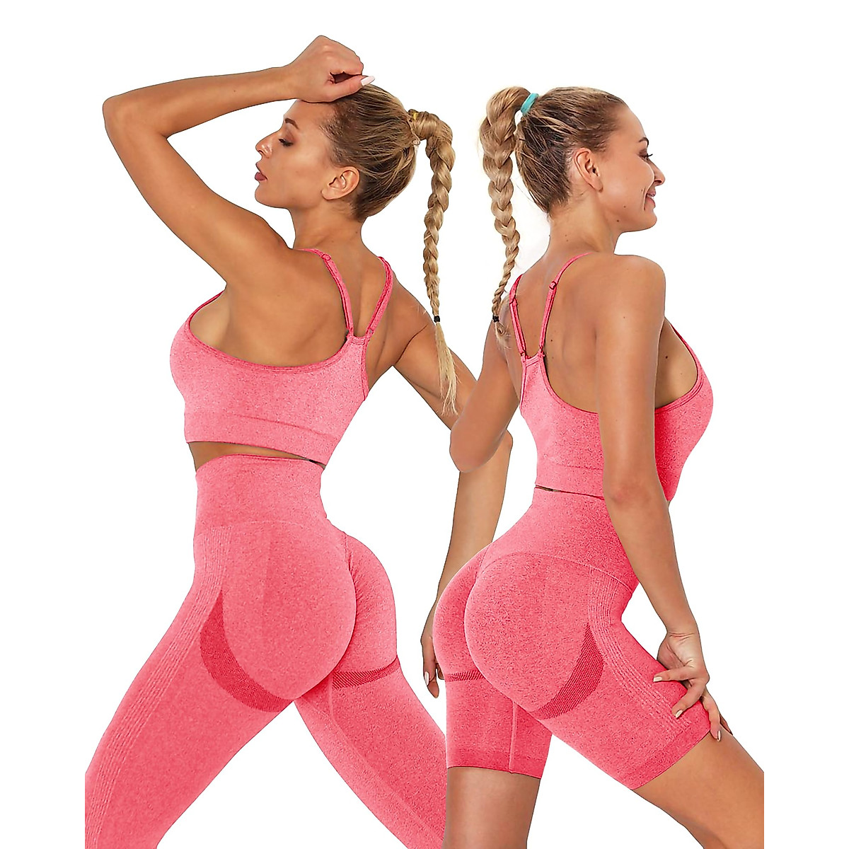 3 Piece Workout Sets for Women Scrunch Butt Lift Leggings Shorts with Pleated Strappy Sports Bra Active Outfits (Pink- 3 Piece,M)