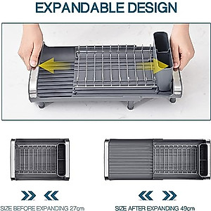 Joemdehazam Dish Drying Rack,Expandable Dish Rack,Compact Dish Rack Durable, Stainless Steel Dish Drying Rack with Removable Cutlery Holder, Small Sink Drainer for Sink or Kitchen Countertop (Grey)