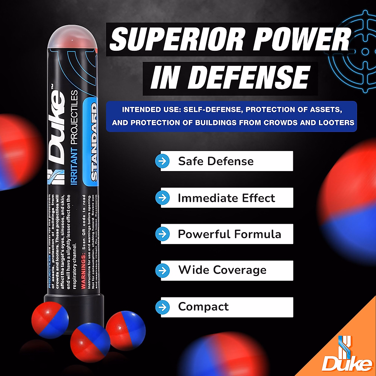 Duke Standard 68 Caliber Self Defense Balls - Pepperspray Balls, 68 Caliber Projectiles, .68 Caliber Defense Balls, 68 Cal Ammo Pepper Gas Spray Rounds, Pepper Ammo Ball, 7 Count Tube - 1% PAVA+1% CS