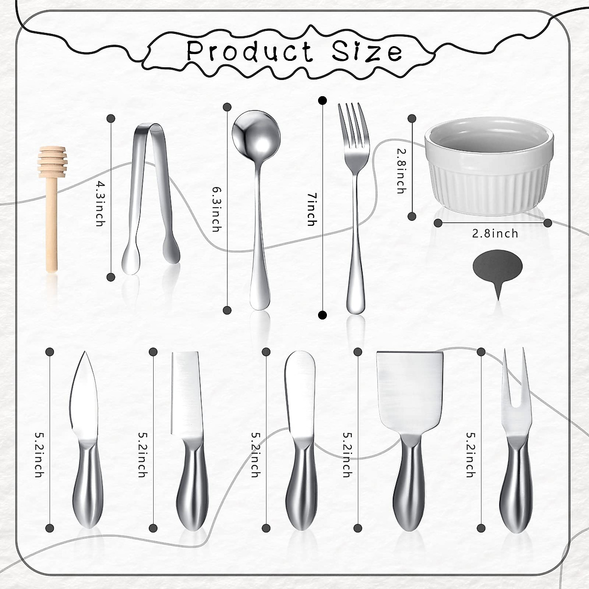 38 Pcs Charcuterie Board Accessories Utensils Include Cheese Knife Set Charcuterie Bowls Cheese Markers Serving Tongs Spoons and Forks Honey Dipper for Butter Cheese and Pastry Making (Silver)