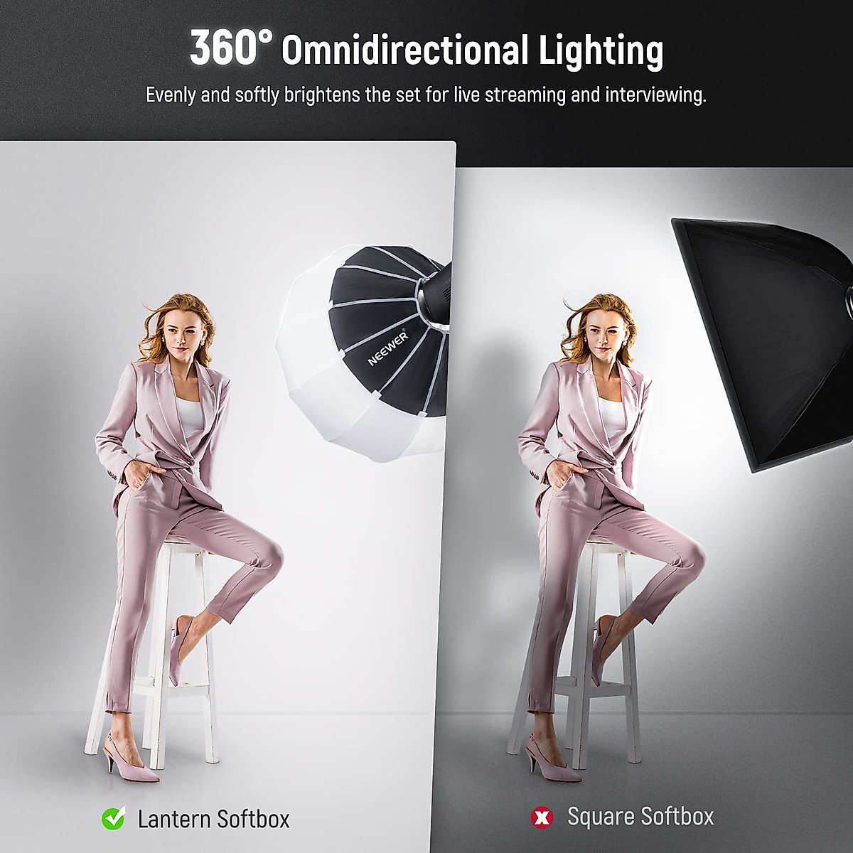 NEEWER 26"/65cm Lantern Softbox One Step Quick Release, 360° Light Diffuser with Skirt, Bowens Mount for Video Light CB60 CB100 CB150 Compatible with Aputure Light 600d Amaran 60x Godox SL60W, NS65L