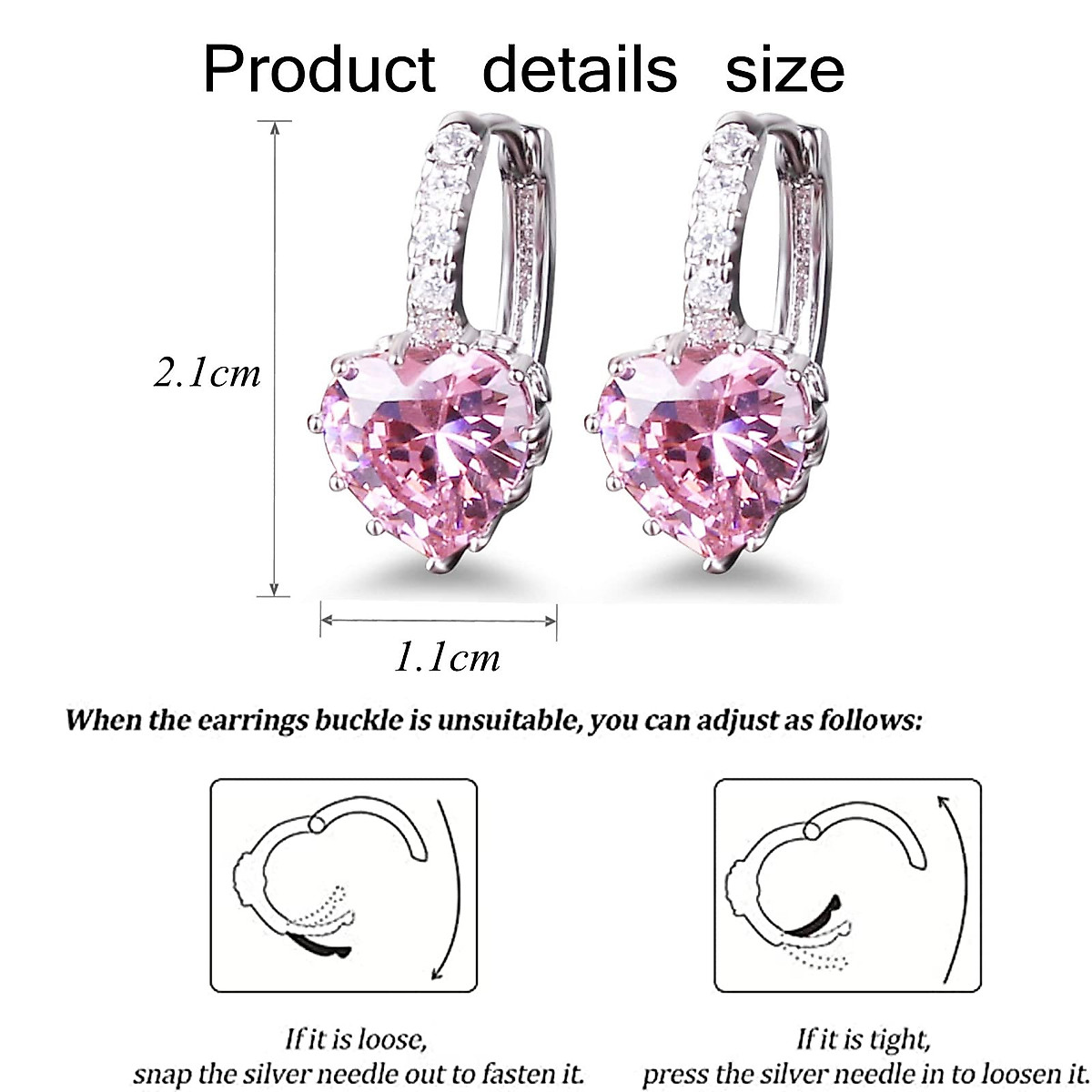 GULICX Heart shape Created Pink sapphire Cubic Zirconia Silver Tone hoops shiny earrings