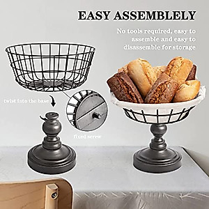 Black Fruit Basket for Kitchen, 2 Pack Metal Fruit Bowl for Kitchen Counter, Decorative Black Wire Baskets with Detachable Non-Slip Pedestal, Fruit Holder for Vegetable Bread Storage (11” & 8.7 “)