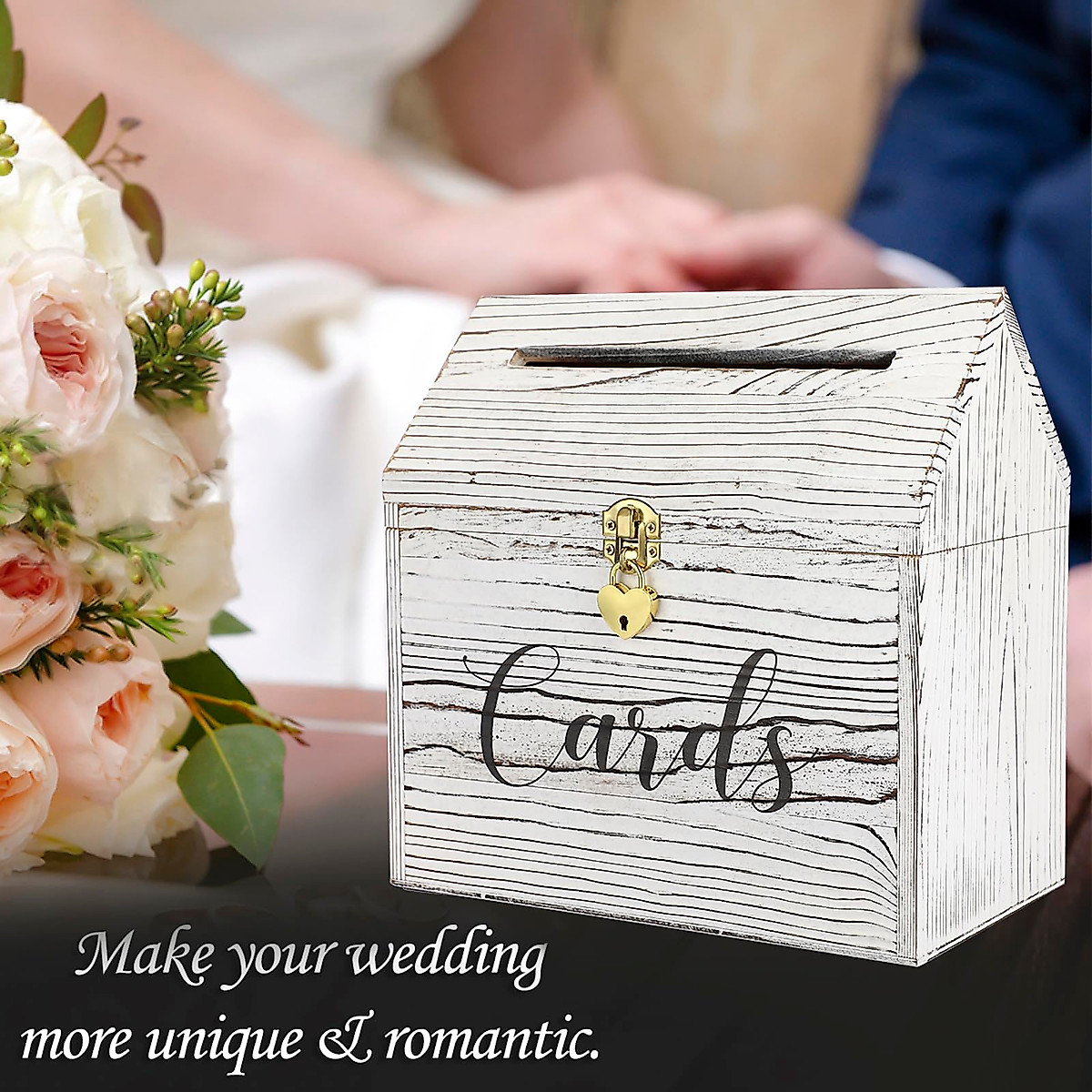ELLDOO Wooden Wedding Card Box with Heart Lock, Rustic Gift Boxes, House Shape with Slot Decorative Wishing Card Holder Box for Wedding Receptions, Baby Shower, Birthday, Graduation, White