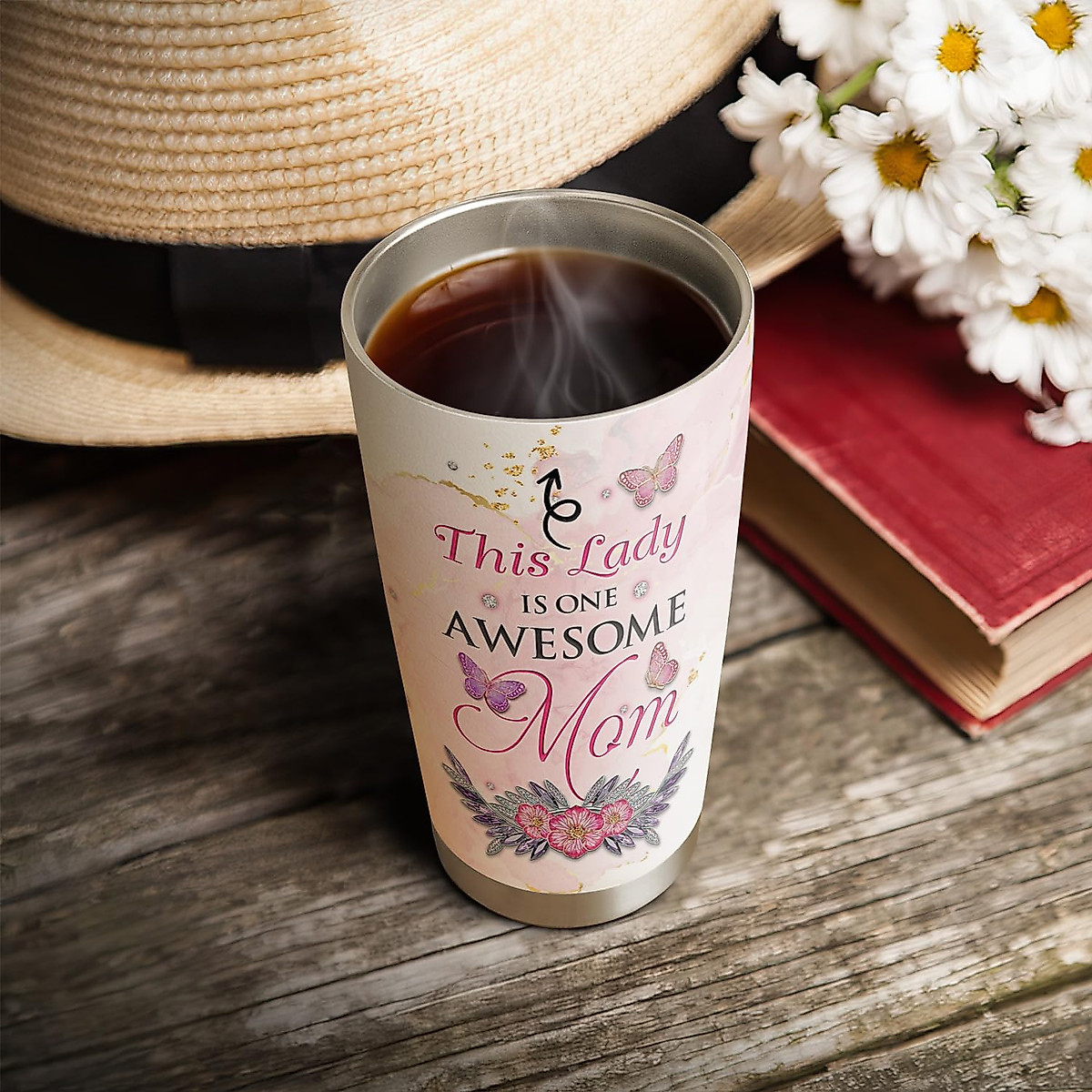 20oz Jewelry Crystal Butterfly Mom Tumbler, This Lady is one Awesome Mom, Mother, Grandma Gifts, Coffee Thermos for Women, Stainless Steel Double Wall Vacuum Insulated Coffee Mug, Travel Cup with Lid