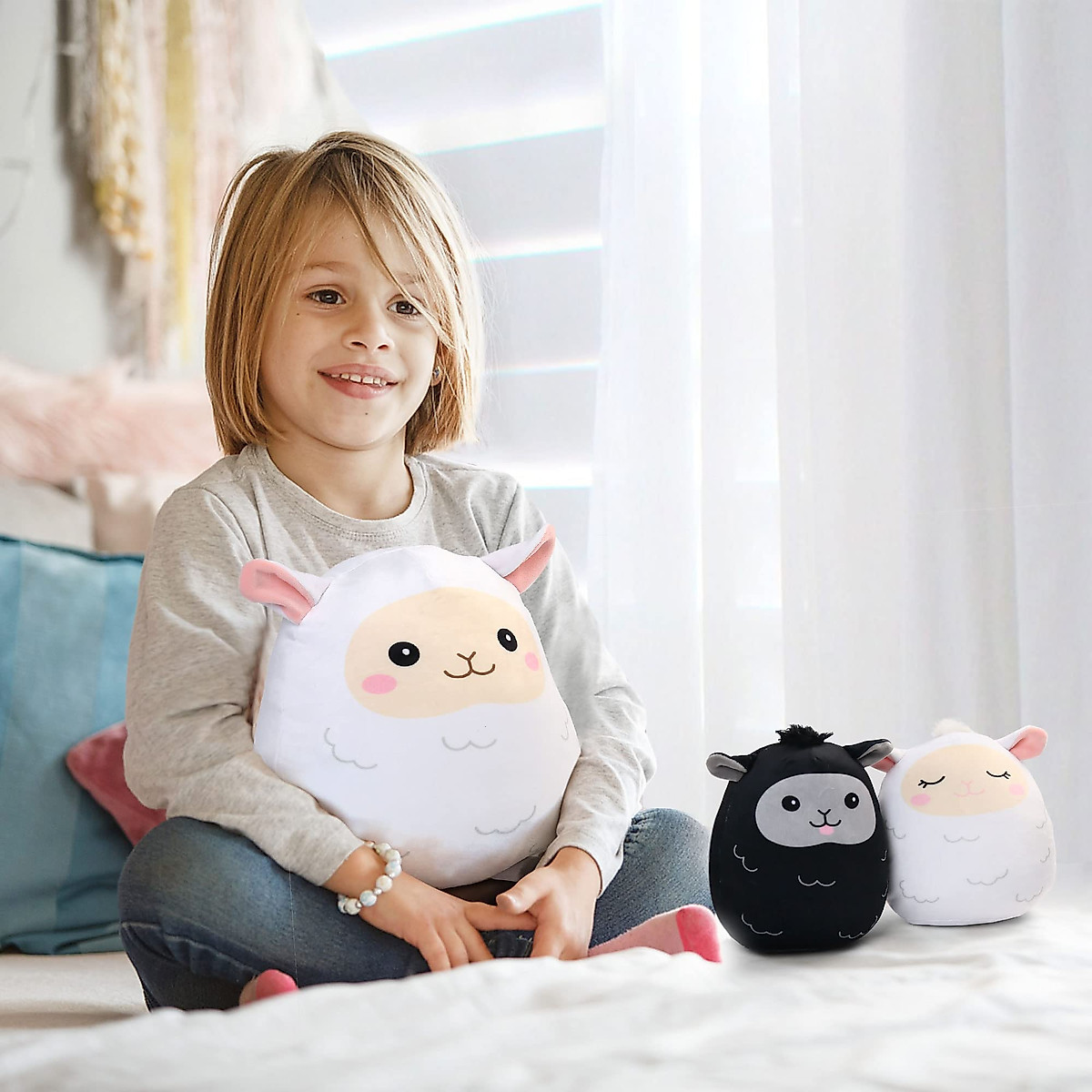 BenBen Lamb Plush Toy, Set of 3, 12" and 7'' Squishy Lamb Stuffed Animals, Kawaii Sheep Plushies Gift for Kids, Cute Plush Pillow, Easter Basket Stuffers