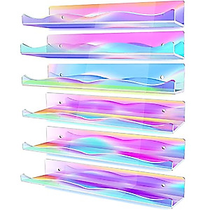 6 Packs Iridescent Clear Acrylic Floating Shelves, DILIBRA 15.7 Inch Large Funko Pop Display Case Picture Ledge Shelf, Acrylic Floating Wall Bookshelf Organizer for Kids Room Bathroom Nursery