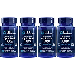 Life Extension High Potency Optimized Folate 8500 mcg DFE, 30 Vegetarian Tablets (Pack of 4)