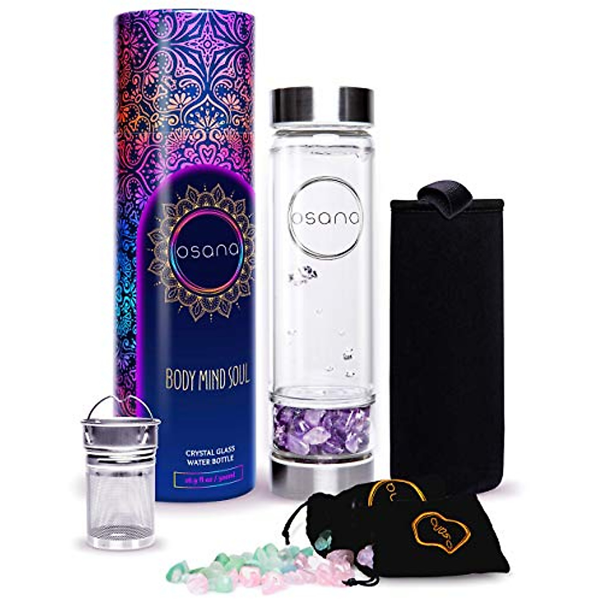 OSANA Crystal Water Bottle with 3 Changeable Healing Crystals – Amethyst, Rose Quartz, Green Fluorite – Loose Leaf Tea Bottle – Gem Elixir Infused Glass Water Bottle - 16.9 oz