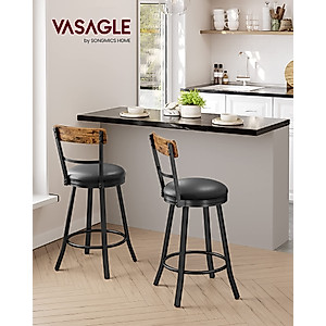 VASAGLE Bar Stool, Swivel Bar Stool, Bar Chair with Back, Metal Steel Frame, 25.8-Inch Cushioned Seat, Footrest, Easy Assembly, Industrial Style for Kitchen Island, Black and Rustic Brown