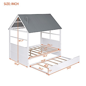 BIADNBZ Full Size House Bed with Twin Trundle, Wooden Platform BedFrame Daybed w/Roof&Window for Kids Boys Girls Bedroom, White+Gray