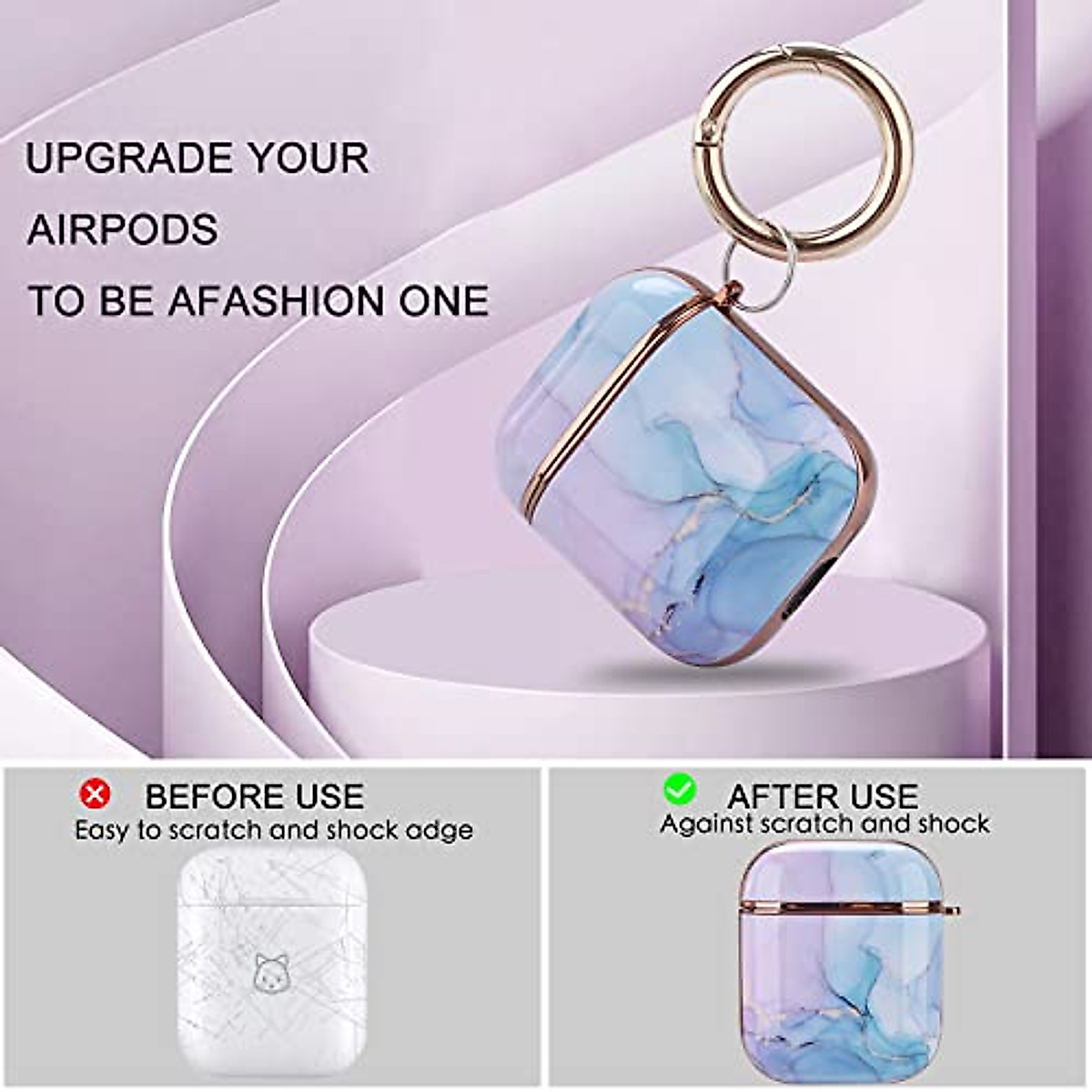 OLEBAND Airpod Case Cover with Keychain and Cute Skin,Hard and Shockproof iPods Case Cover for Women and Girls,Accessory Sets Air pod 2 and 1(Watercolor Marble)