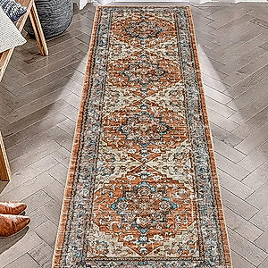 Bsmathom Vintage Runner Rug 2x8, Non-Slip Non-Shedding Hallway Rug Runner, Soft Machine Washable Area Rug Long Rug Runner, Low-Pile Floor Carpet for Hallway Entryway, Red