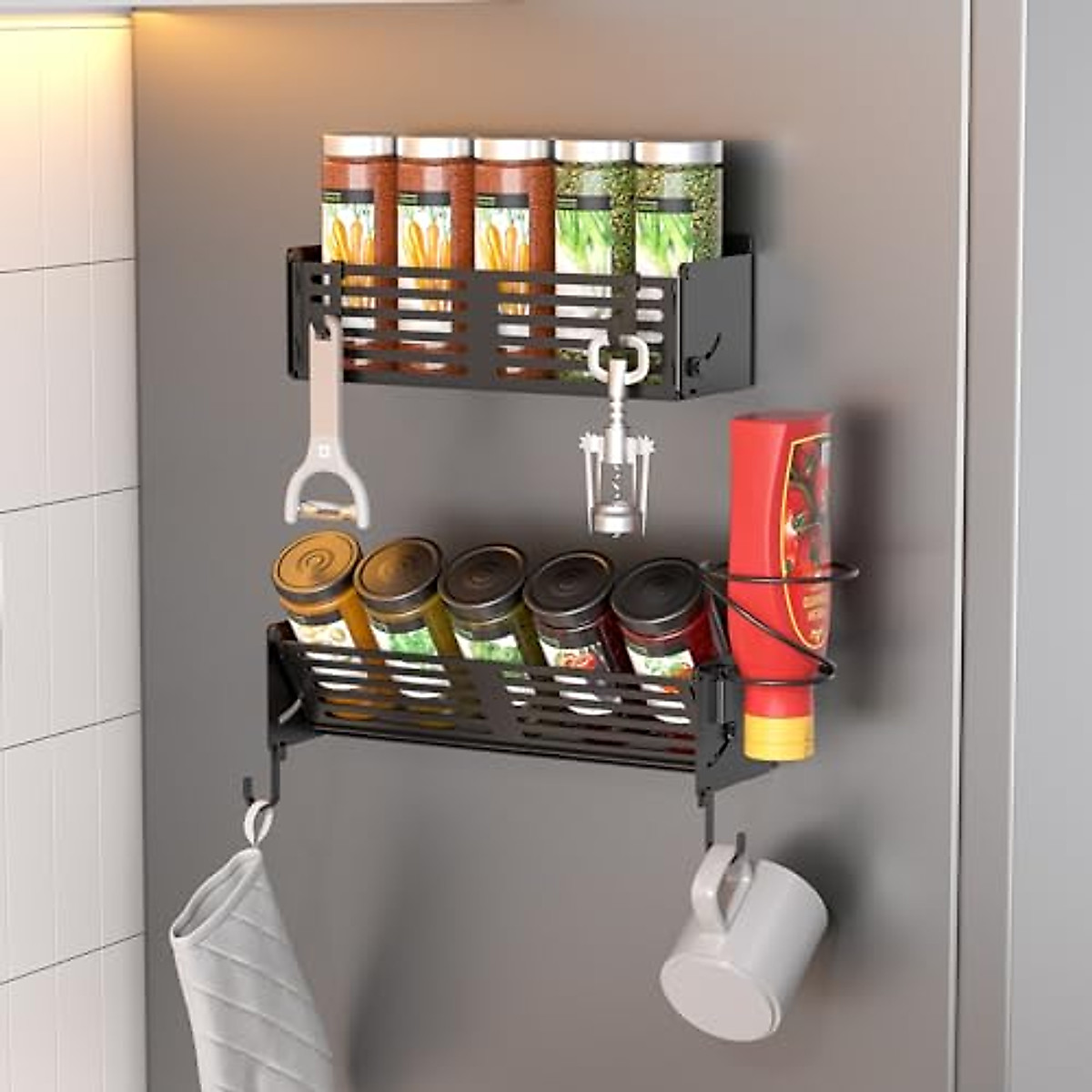 CLESOO Magnetic Spice Rack for Refrigerator, 2 Pack Moveable Magnet Organizer for Spice Jars and Seasonings, Wall Mounted Fridge Shelves with Spiral Holder and 4 Hooks for Kitchen and Stove