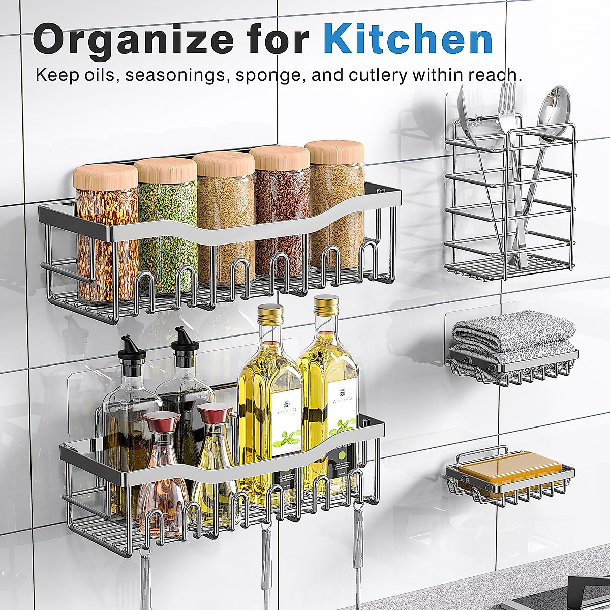 EUDELE Adhesive Shower Caddy, 5 Pack Stainless Steel Bath Organizers With No Drilling, Large Capacity Rustproof Shelves for Bathroom Storage & Home Decor