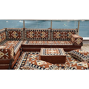 Brown Livingroom Cushions, 8" Thickness Corner Floor Seating Set, L Shaped Floor Couch, Sectional Sofa Set, Floor Pillows, Arabic Majlis, Sofa Bed (L Sofa Full Set)
