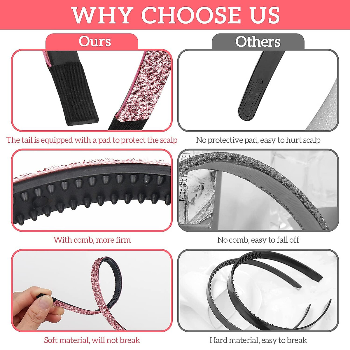 YONOY 15 Colors Sparkle Plastic Headbands For Girls,Glitter Thin Head Bands No Slip Fashion Girls Hard Toddler Hairbands