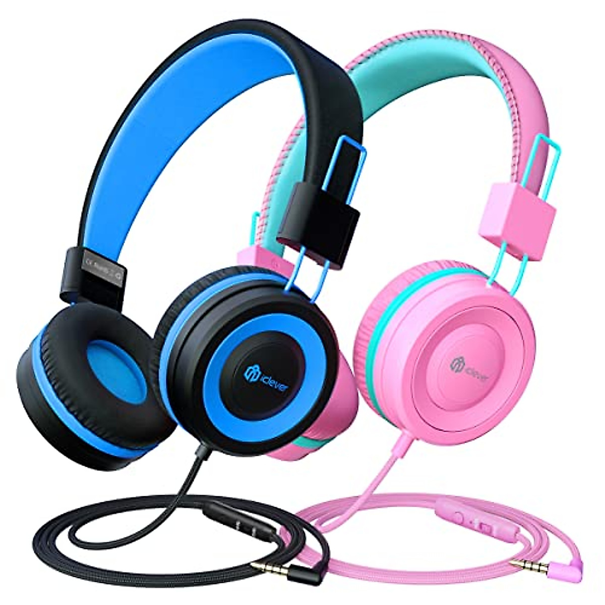iClever [2 Pack Kids Headphones with Microphone, Safe Volume Limited 85dB/94dB - Wired Headphones for Kids Boys Girls, Foldable Headphones for Online School/Travel/iPad, Black&Pink