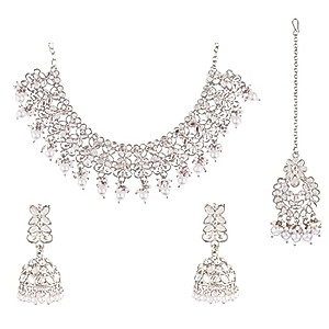 Efulgenz Choker Necklace Earrings and Maangtikka Set Indian Oxidized Jewelry Antique Boho Faux Kundan Pearl Crystal Stone Necklace Manngtikka with Dangle Round Earrings Bohemian Jewelry Set for Women