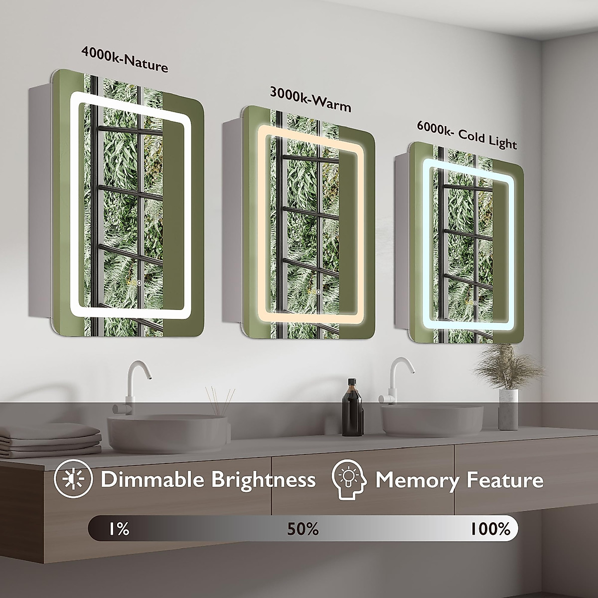 imgflx 24‘’x32‘’ Medicine Cabinet w/LED Mirror, Bathroom Lights Mirror, Recessed or Surface Mounted, Alumimum Alloy Frame, w/Cold&Warm Light, Defogger, Stepless Dimmer, Outlets&USB (24X32 in|1 Door)