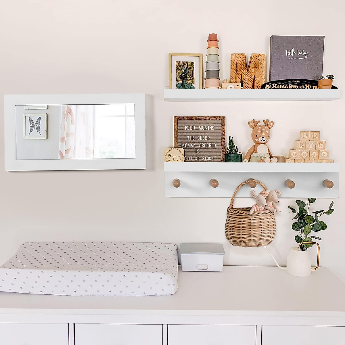 COMAX Nursery Floating Book Shelves with Wall Mirror, Wall Bookshelf for Kids Room Bedroom, Hanging Nursery Book Shelves Wall Mounted Bookshelves, Hanging Baby Book Shelf Nursery Shelves White