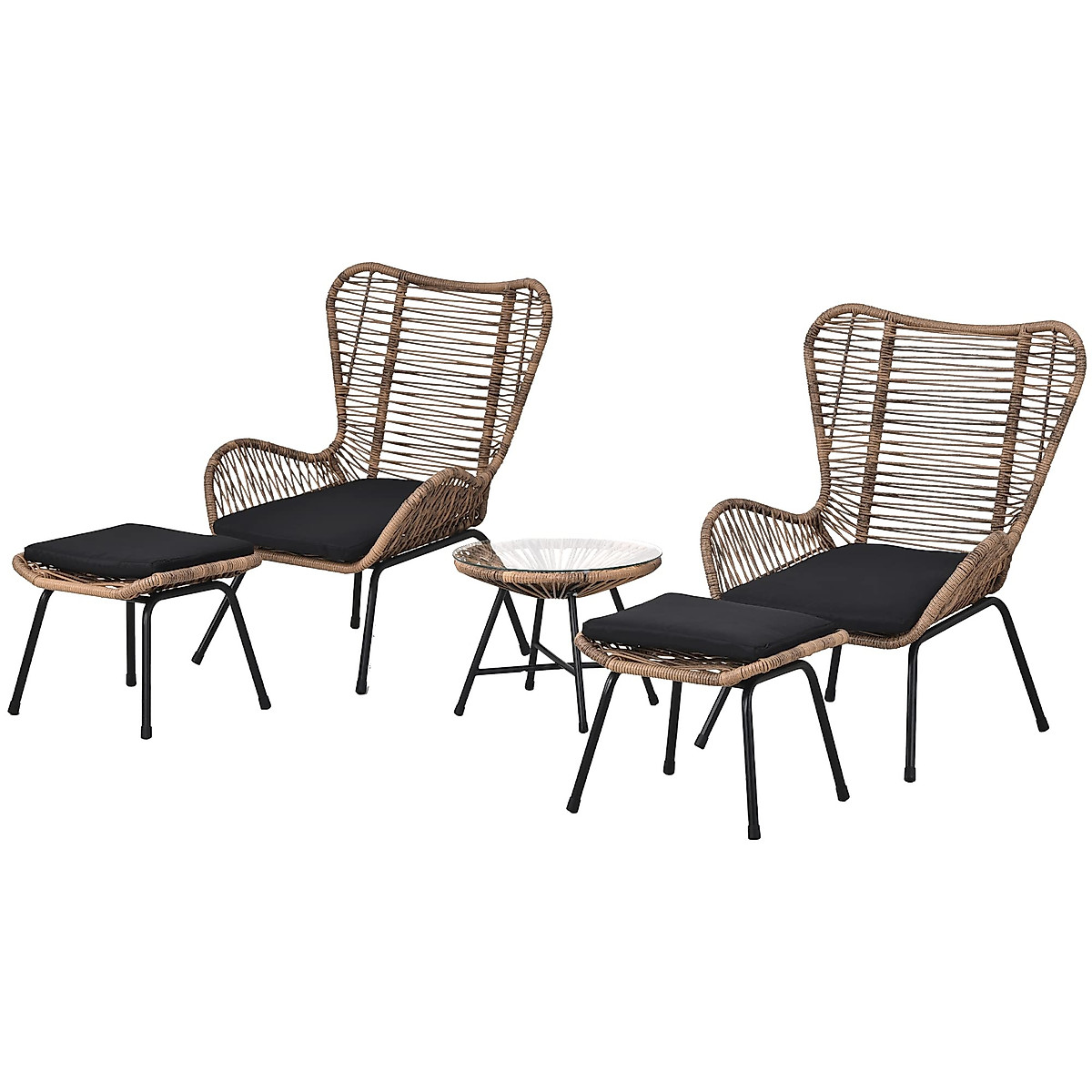 Merax Dark Gray 5-Piece Outdoor Patio Rattan Bistro Set, All-Weather PE Wicker Arm Stools and Glass Tea Balcony, Porch Yard Natural, 2 Chairs + 1 Table