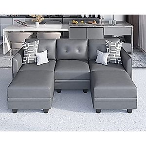 LLappuil Convertible Modular Sofa Faux Leather Fabric U Shaped Sectional with Reversible Chaise, 5 Seater Storage Sofa Sleeper Couch with Ottoman, Dark Grey