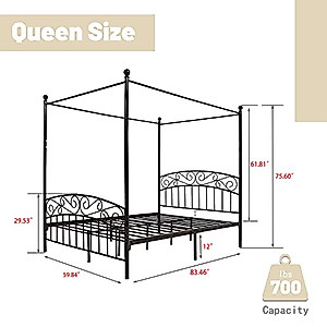 Zoophyter Metal Canopy Queen Size Bed Frame with Headboard Heavy Duty Steel Slat Support No Box Spring Needed Easy Assemble Black