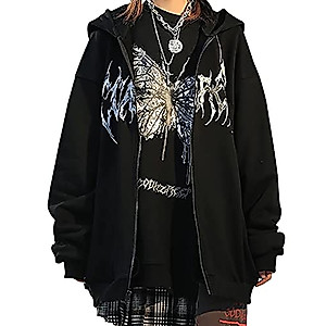 MISSACTIVER Women’s Casual Graphic Printed Hoodies Oversized Zip Up 90S E-Girl Streetwear Grunge Jacket Black