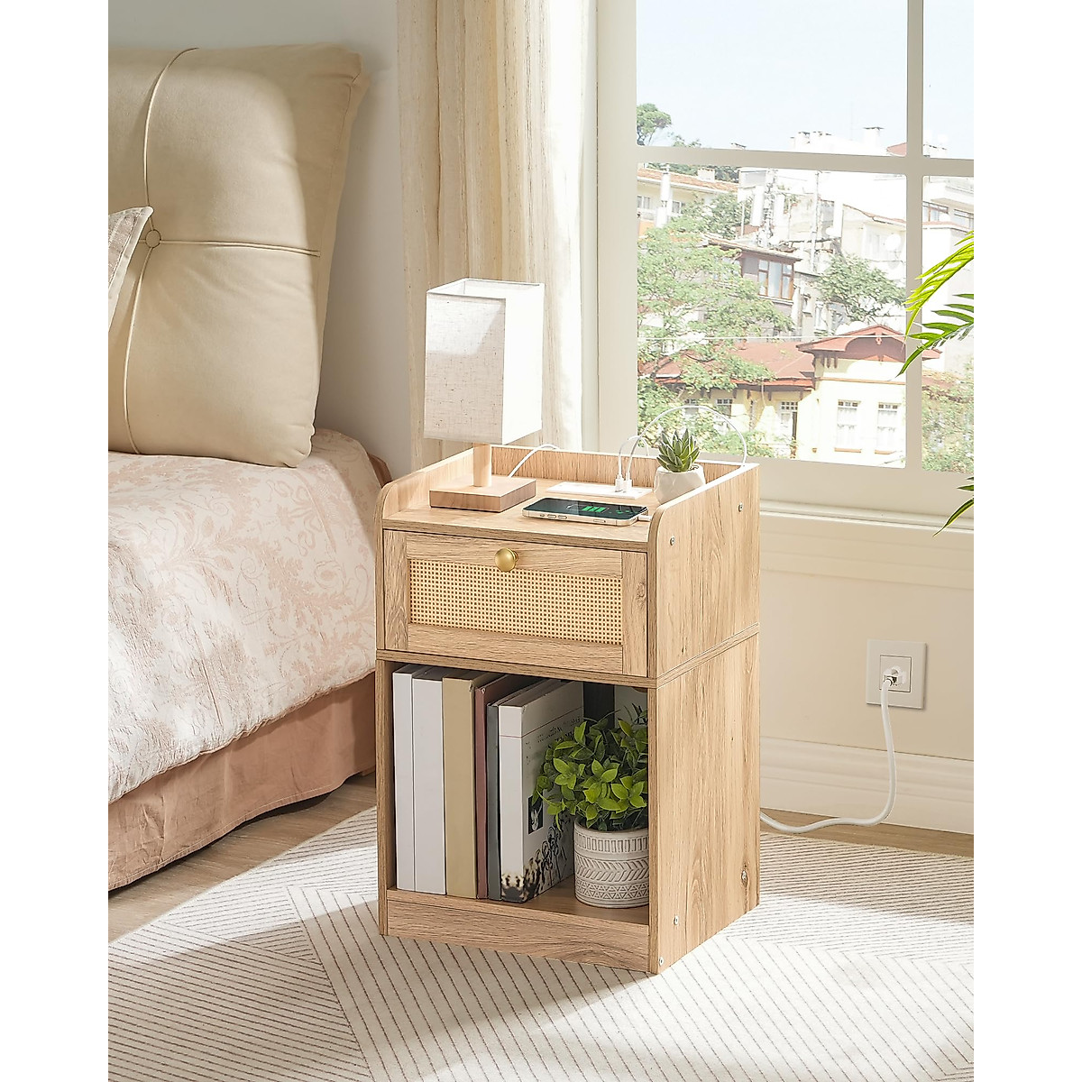 CHOEZON Nightstand with Charging Station, Side Table with Rattan-Style Drawer and Storage Shelf, Modern Rattan Night Stand with 2 USB Ports, Boho End Table Bedside Table for Bedroom, Natural MBZ01UWO