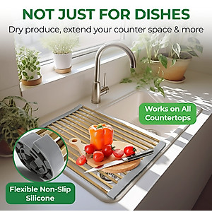 AIRNEX Bamboo Sink Drying Rack, Roll Up Dish Drying Rack Over The Sink Kitchen, Wooden Over The Sink Drying Rack for Kitchen Sink, Roll Out Sink Drainers, Kitchen Sink Accessories (17 x 12 in)