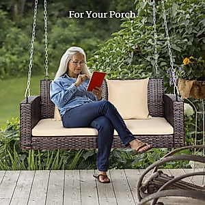 VINGLI Heavy Duty 800 LBS Wicker Hanging Porch Swing with Cushions & Chains, 4FT Outdoor Rattan Swing Bench for Garden, Yard, Lawn (Brown+Beige)