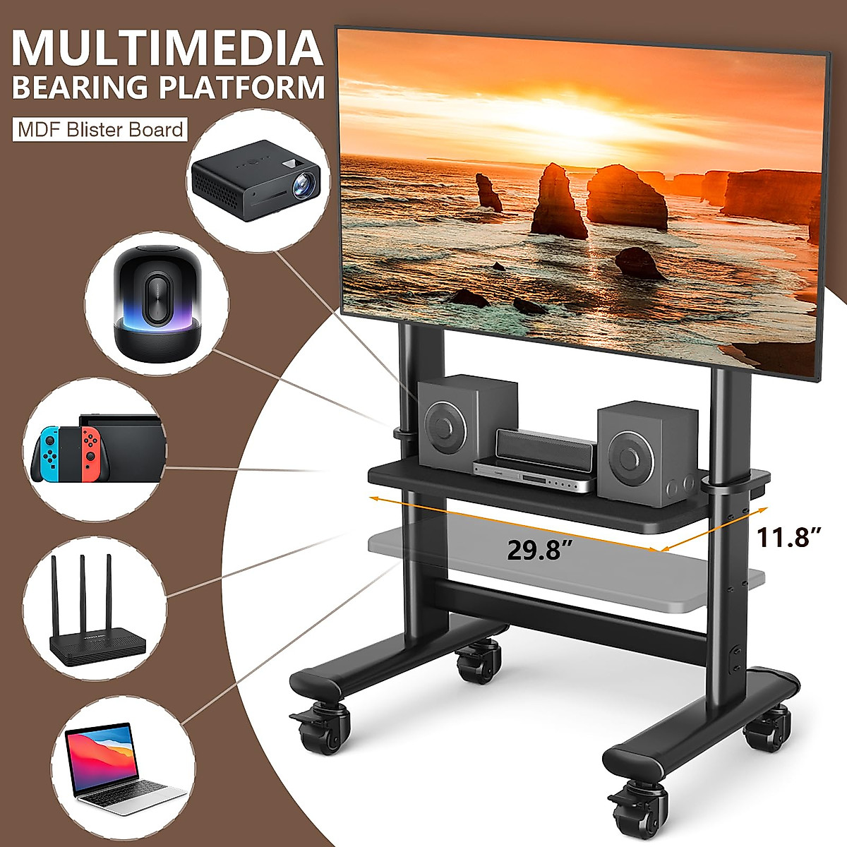 Mobile TV Cart Rolling TV Stand with Wheels for 55-100 Inch LCD LED Flat Curved Screens up to 250 lbs, Max VESA800x600 mm Heavy Duty Portable Floor TV Stand Large Base Trolley Height Adjustable