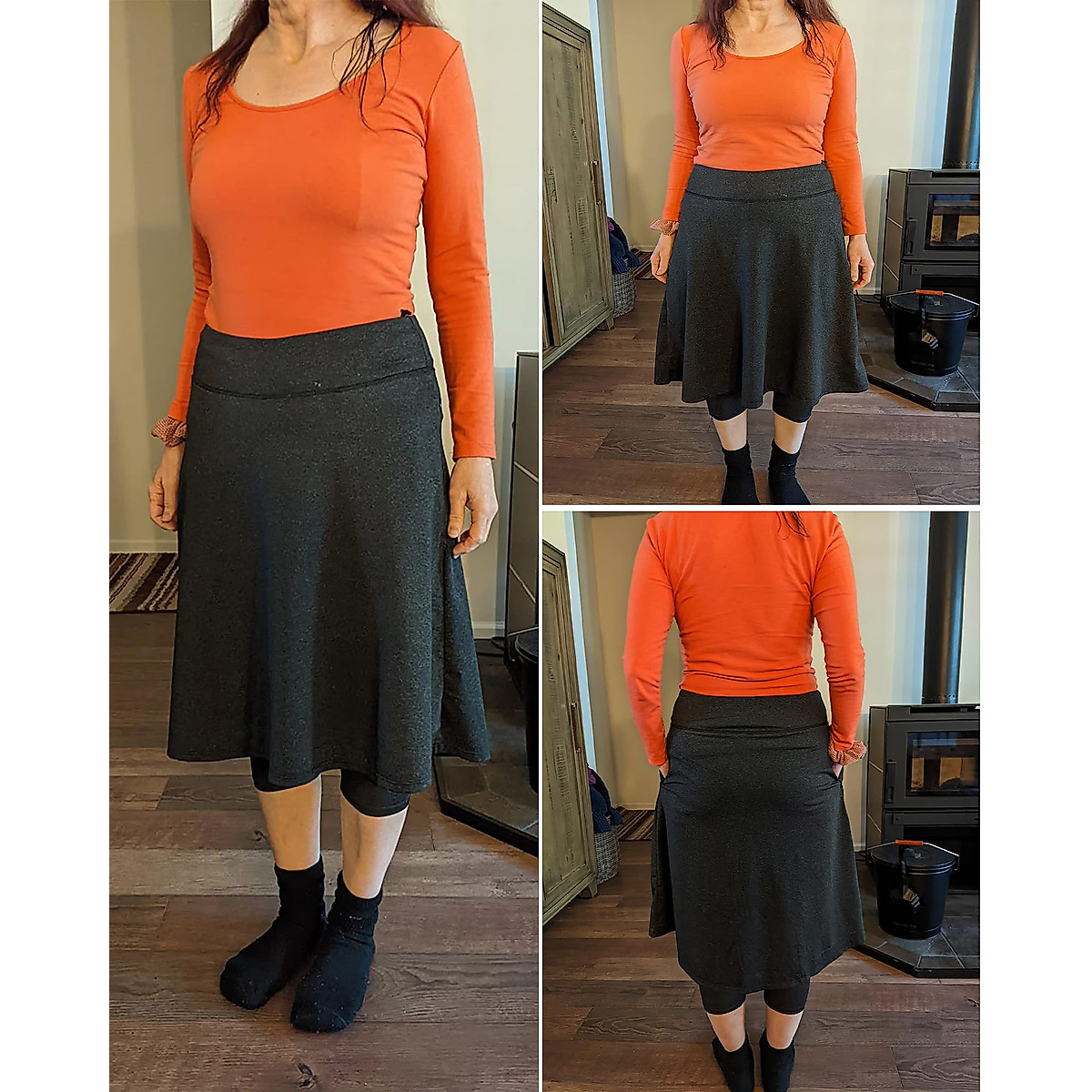 Women Knee Length Skirts with Leggings,Skirted Leggings Skorts Capris for Women Long Skorts Skirts Zipper Pockets(Black Charcoal M)