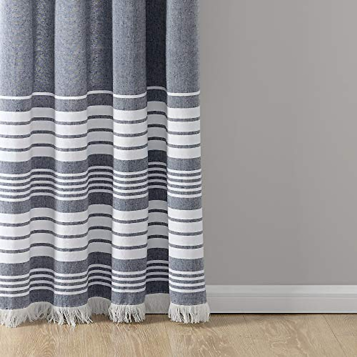 Lush Decor, Navy Nantucket Yarn Dyed Cotton Tassel Fringe Window Curtain Panel Pair, 84" x 40", 84 in x 40