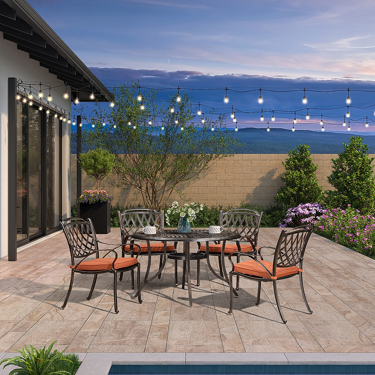 PURPLE LEAF Patio Dining Set Cast Aluminum 5-Piece Patio Furniture Set with 4 Dining Armchairs and 47" Round Table, 4 Cushions Included, for Lawn Yard Garden, Rhombic Brick Red Outdoor Dining Set