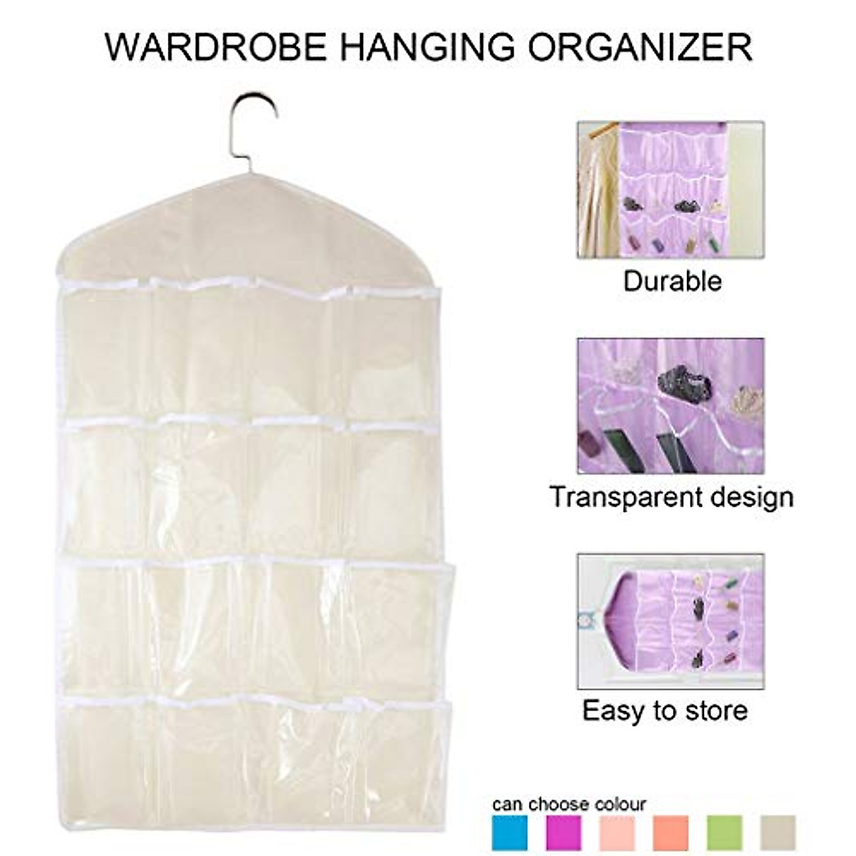 Lobonbo 1pc 16 Pockets Hanging Bag Wall Wardrobe Storage Organizer Socks Underwear Sundries Sorting Storage Bags Bathroom Accessories(Beige)