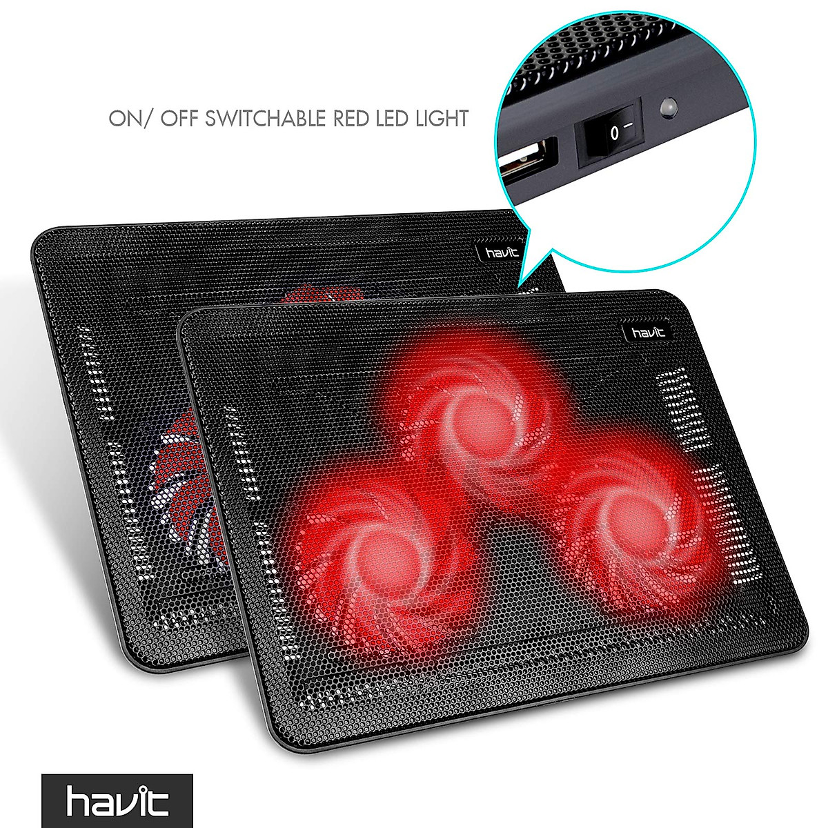 Havit HV-F2056 15.6-17 Inch Laptop Cooler Cooling Pad - Slim Portable USB Powered (3 Fans) (Black+Red)