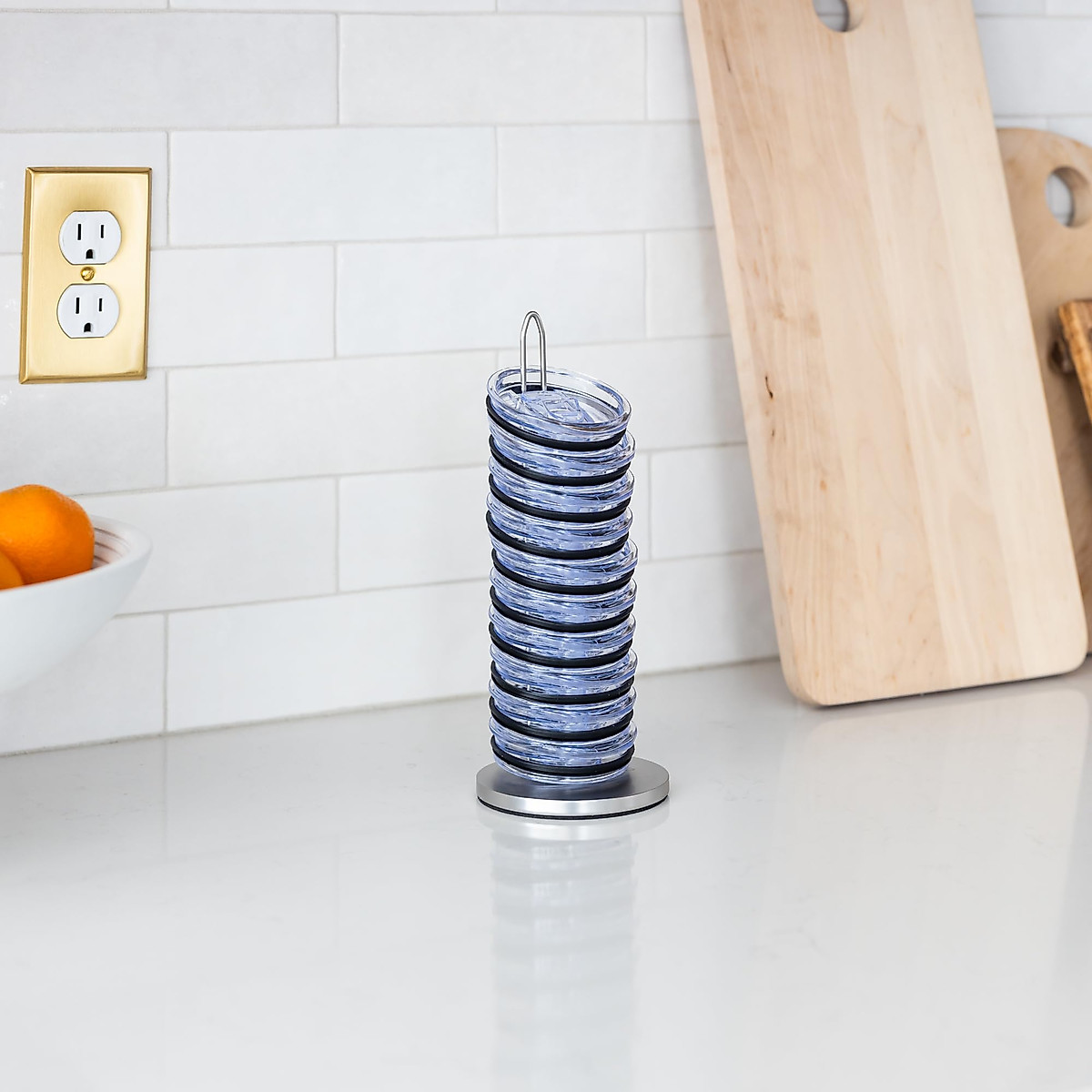 Tumbler Lid Organizer for Cabinet & Countertop - Slim Space-Saving Lid Holder with 9" Sturdy Bar & Weighted, Non-Slip Base - Vertical Storage Cup Lid Organizer - Collapsible Lid Rack for 10 Lids