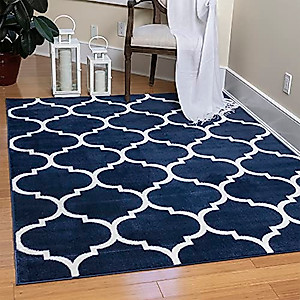 Ottomanson Royal Collection Moroccan Trellis Non-Slip Jute Backing Area Rug, 5'3" x 7', Navy