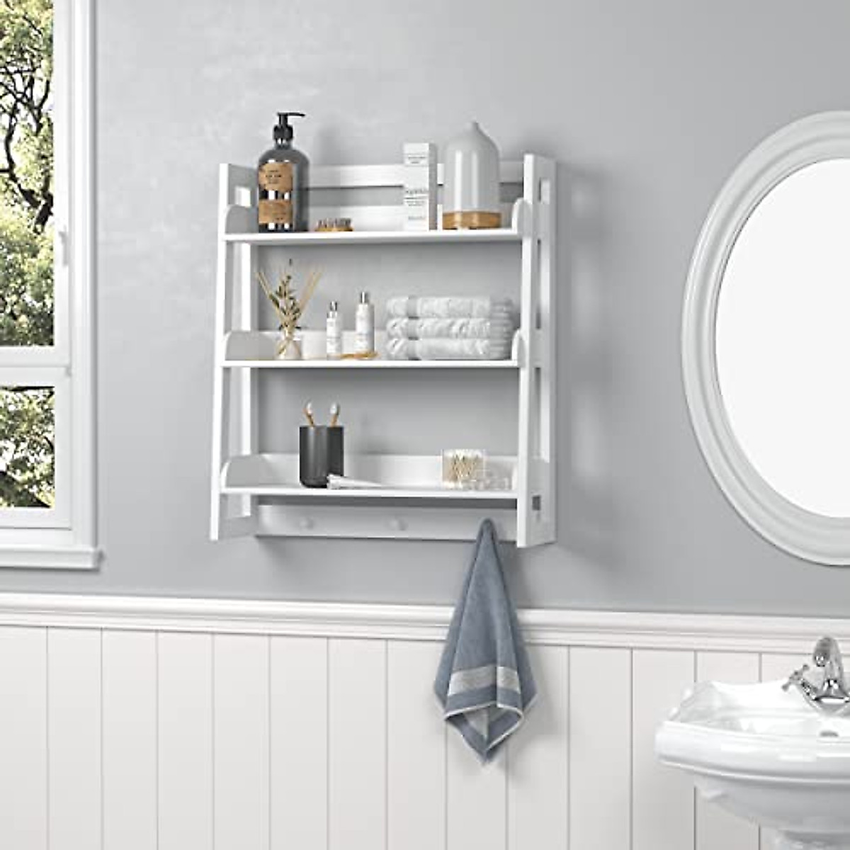 UTEX 3 Tier Bathroom Shelf Wall Mounted with Towel Hooks, Bathroom Organizer Shelf Over The Toilet (White)
