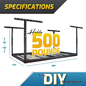 SafeRacks 3x8 Overhead Garage Storage Rack - 500 Pound Weight Capacity Height Adjustable Steel Ceiling-Mounted Rack with Accessories (Hammertone) (24"-45")